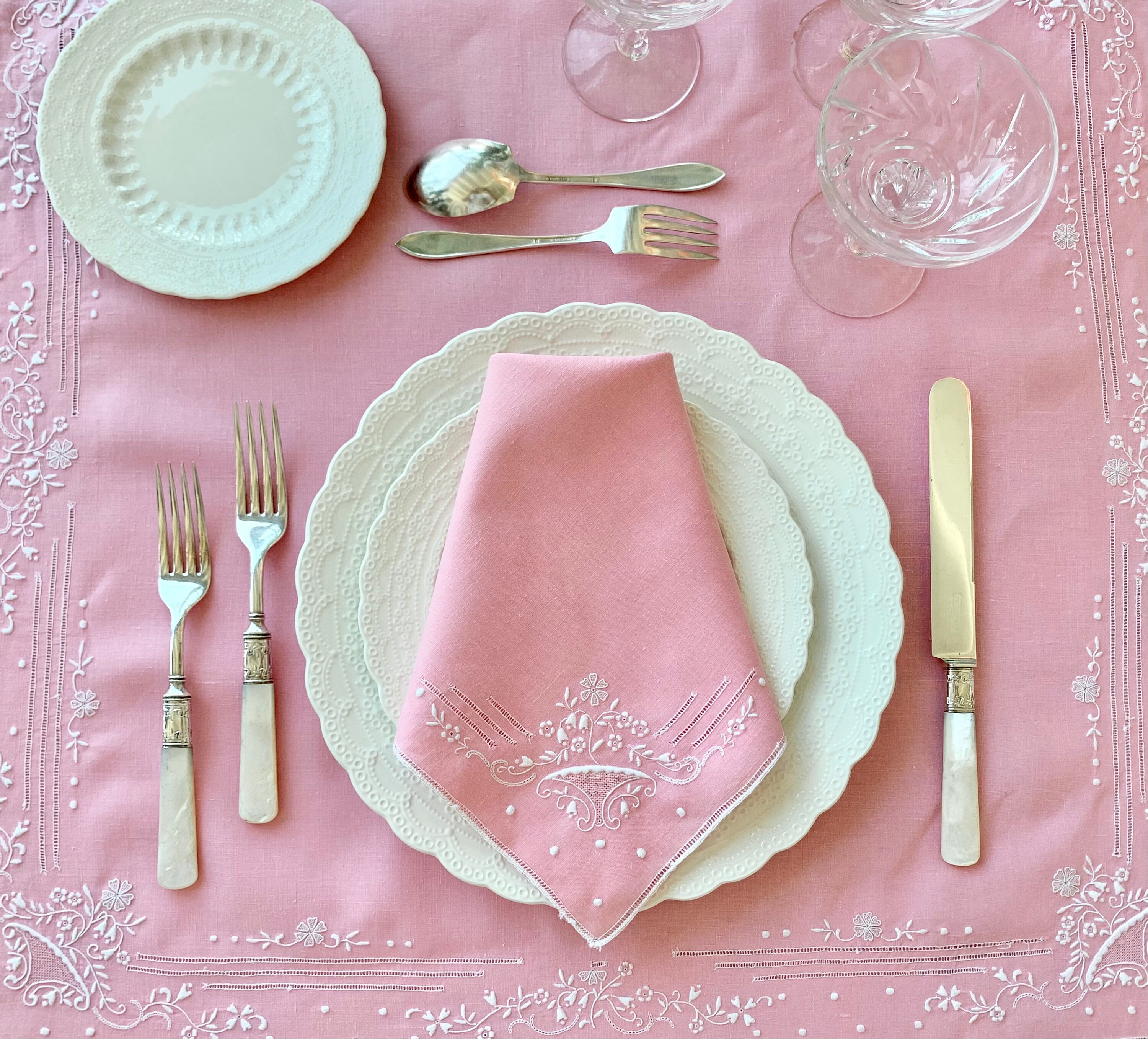 9 Pc Vintage Pink Posey Hand Embroidered Linen Set - Etsy