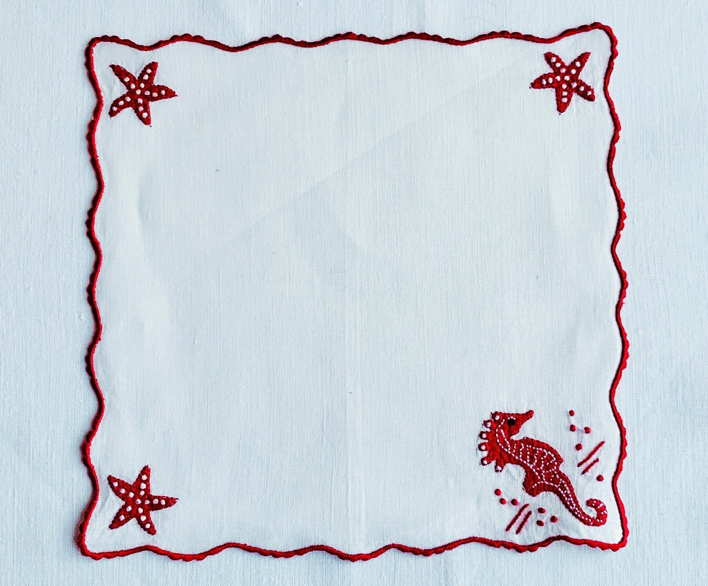 6 Madeira sea Creatures Cocktail Napkins, Ivory and Crimson - Etsy