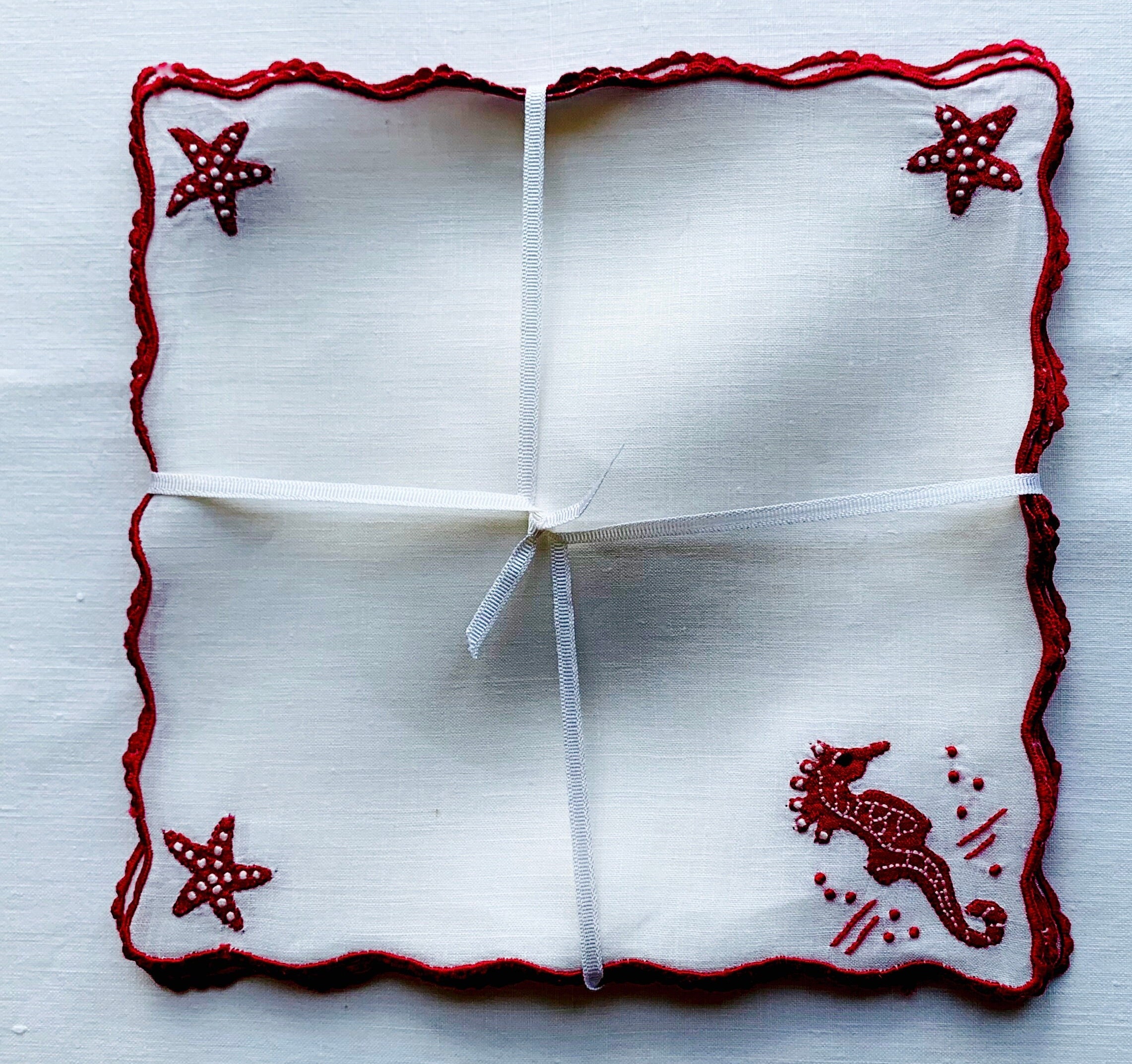6 Madeira sea Creatures Cocktail Napkins, Ivory and Crimson - Etsy