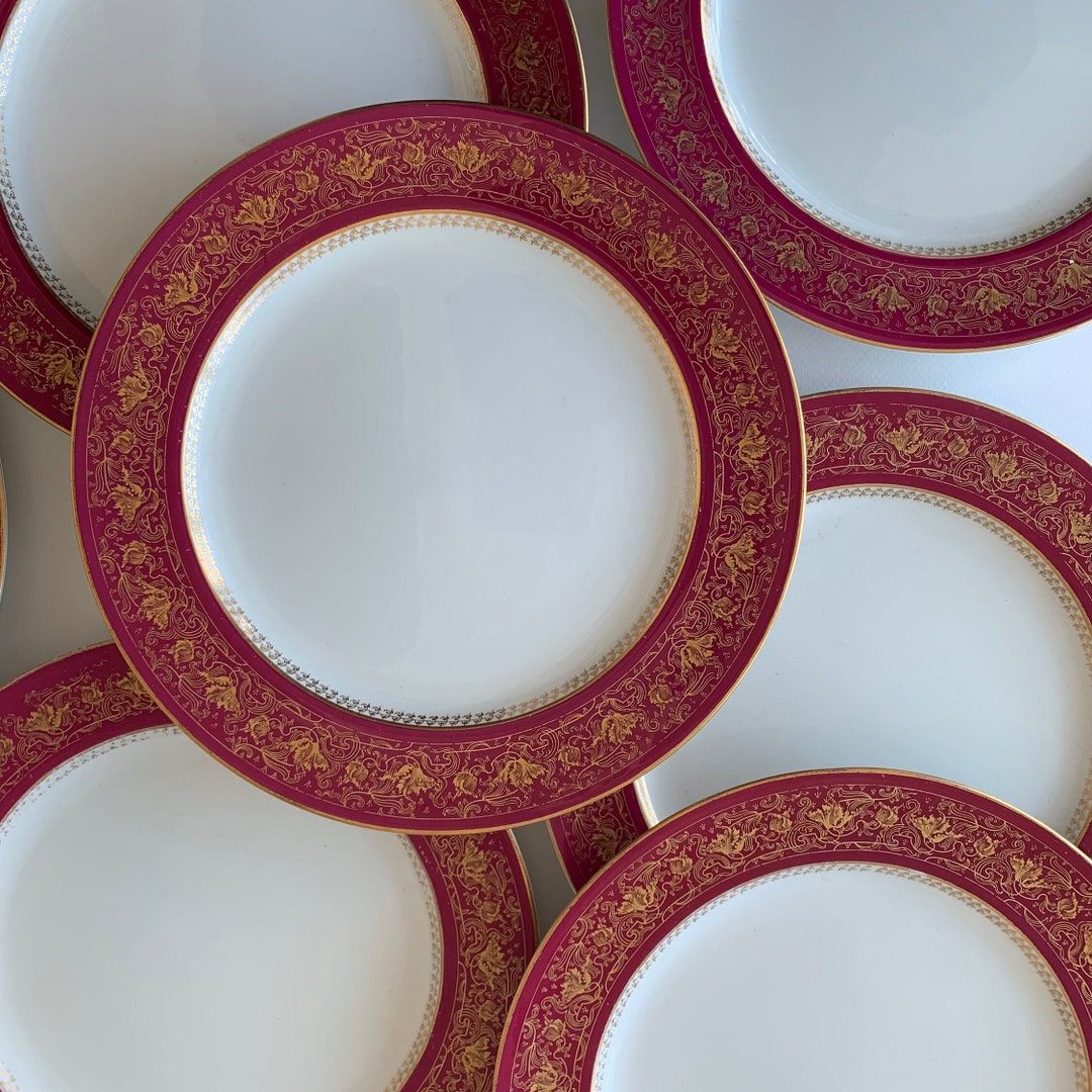 10 Pc Antique Royal Worcester Crimson and Gold Lotus Dinner Plates Set ...