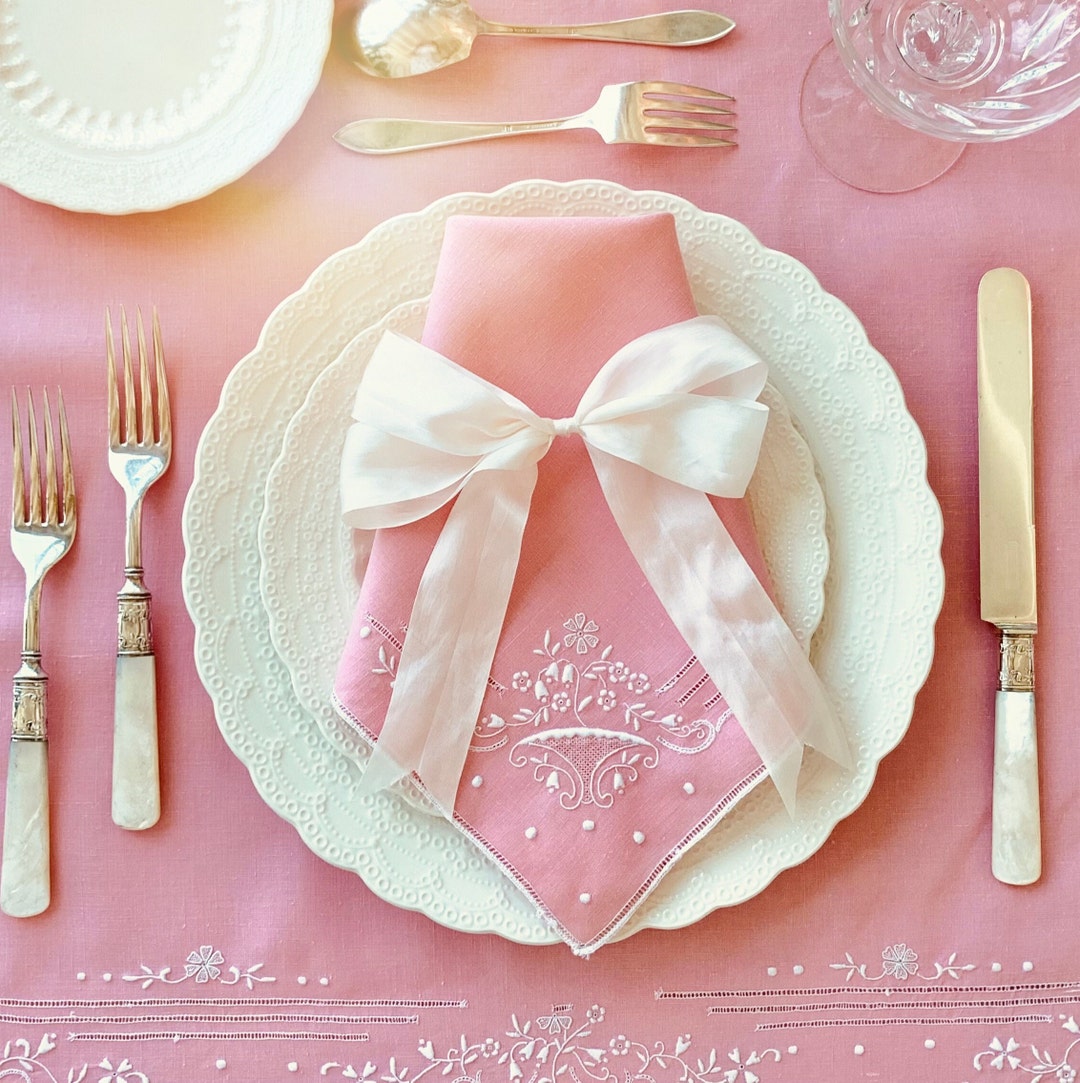 9 Pc Vintage Pink Posey Hand Embroidered Linen Set - Etsy