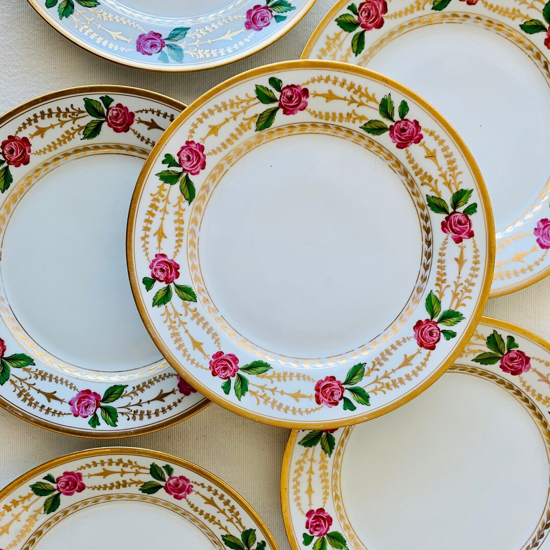 6pc English Antique Rare Richard Briggs Boston Hand Painted Rose and ...