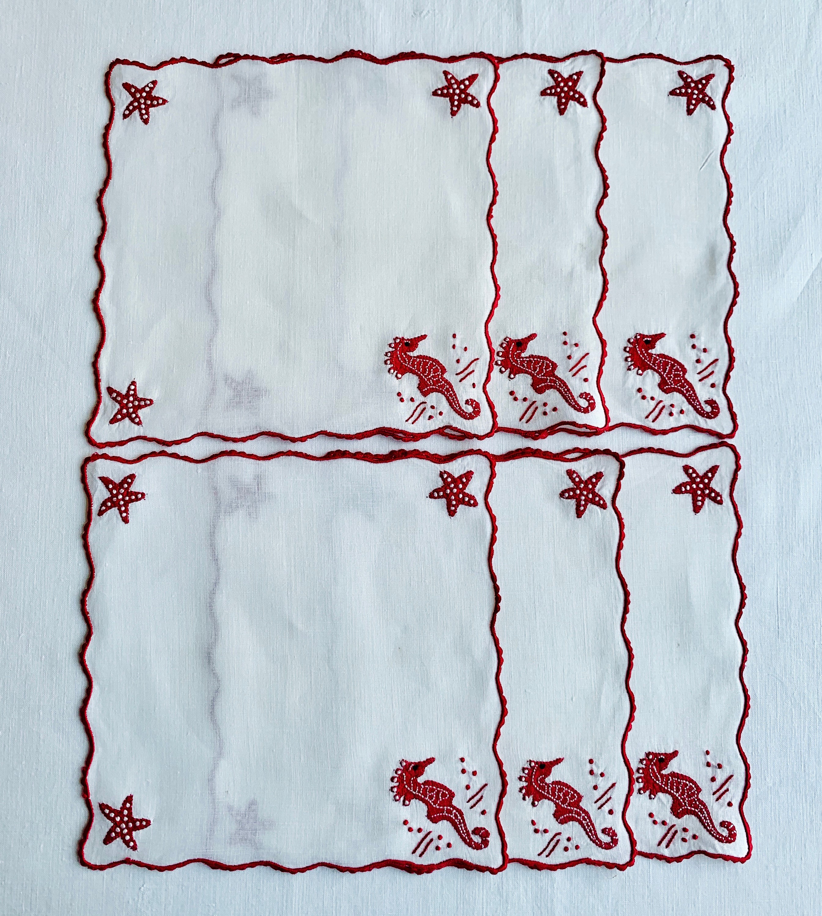 6 Madeira sea Creatures Cocktail Napkins, Ivory and Crimson - Etsy