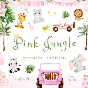 Pink Jungle Watercolor Animal Clipart Jungle Nursery Jungle | Etsy