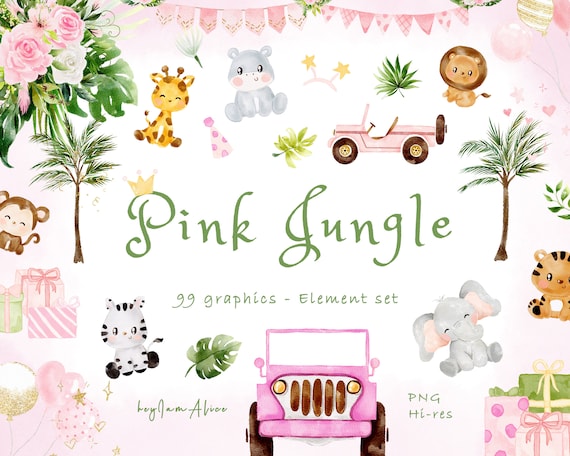 Pink Jungle Watercolor Animal Clipart Jungle Nursery Jungle | Etsy