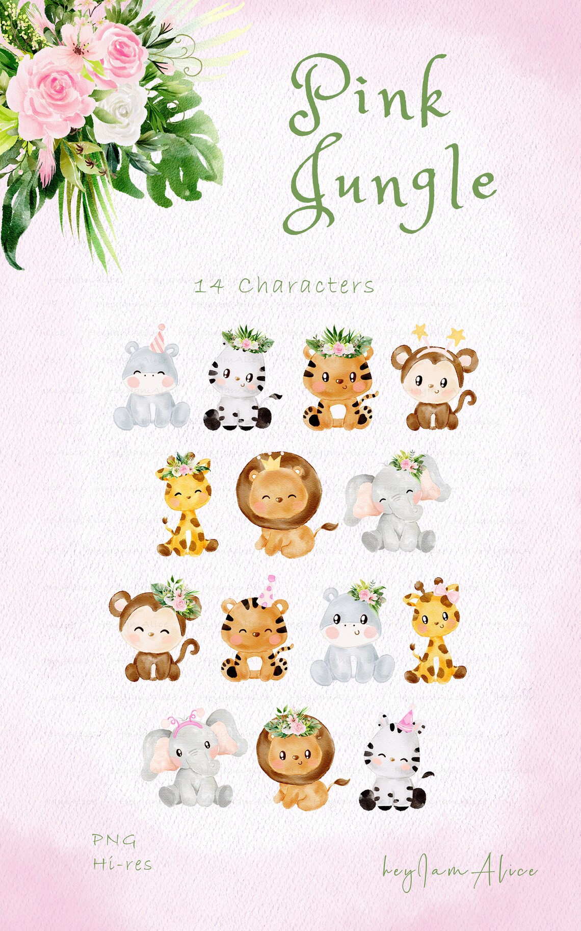 Pink Jungle Watercolor Animal Clipart Jungle Nursery Jungle | Etsy