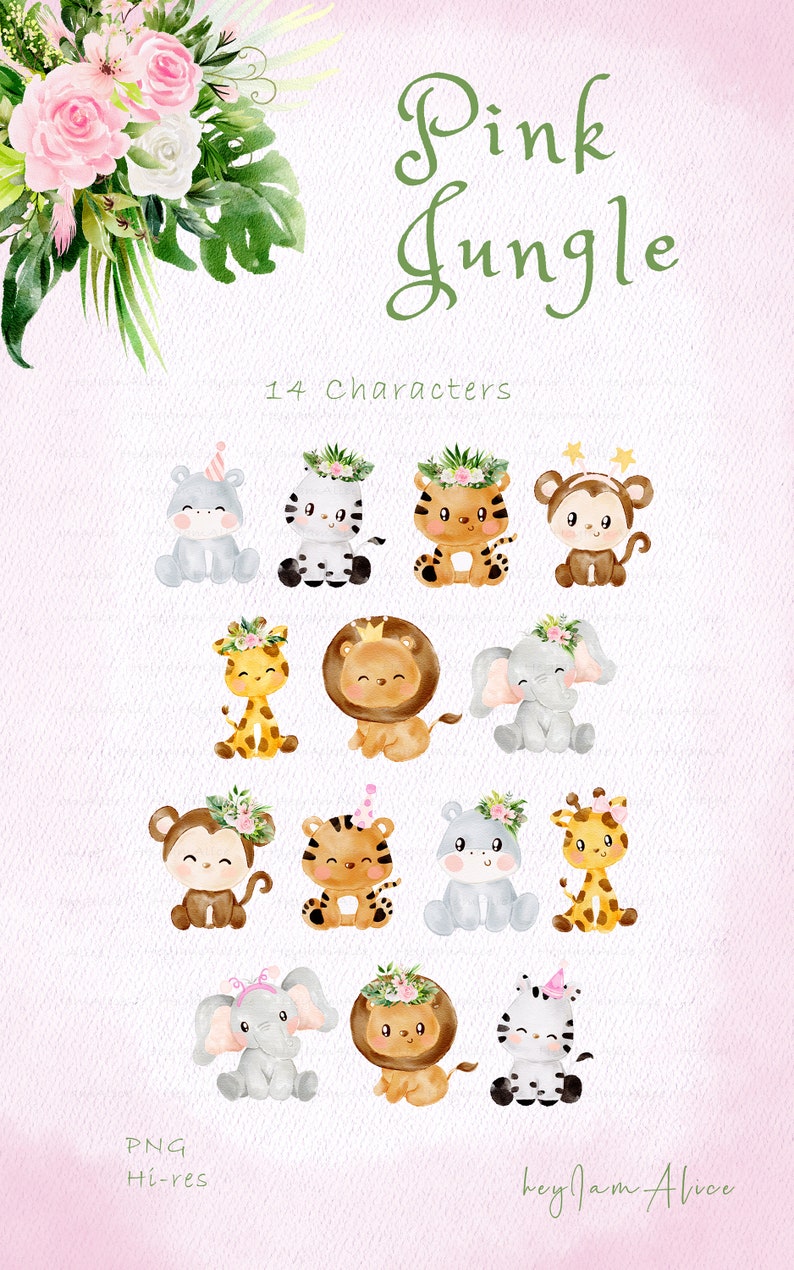 Pink Jungle Watercolor Animal Clipart, Jungle Nursery, Jungle Baby ...