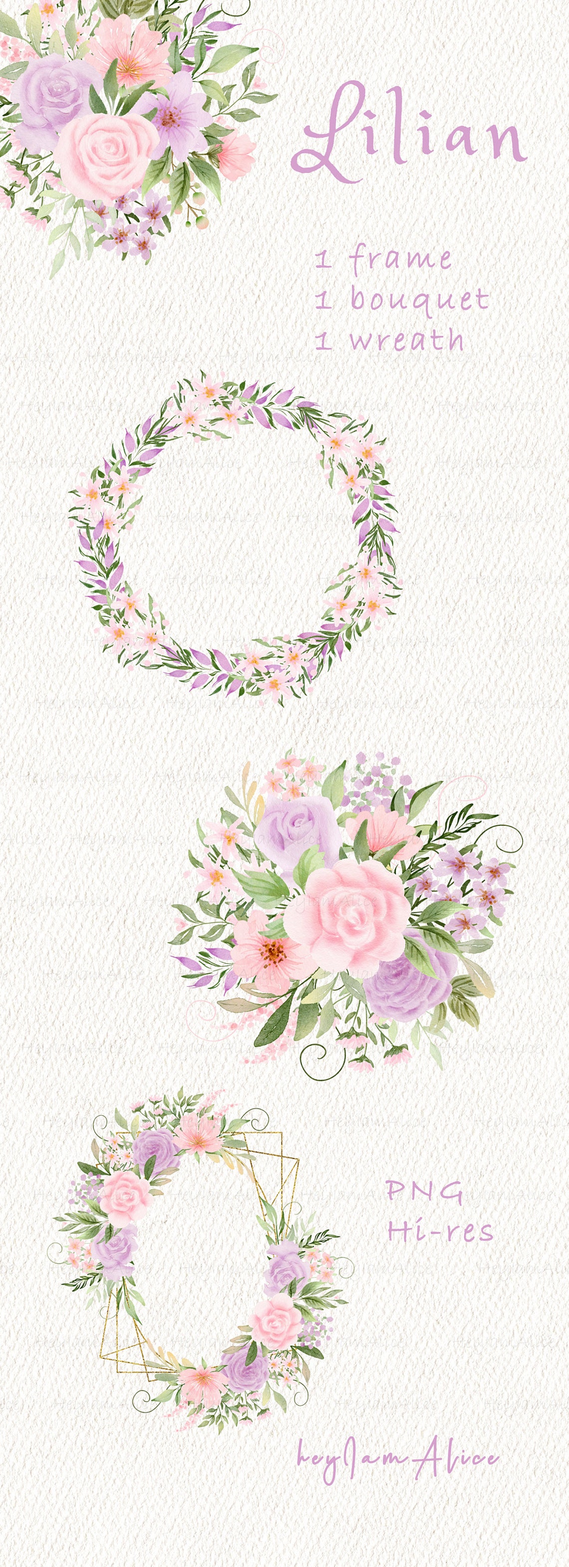 Pink Purple Flower Watercolor Clipart, Soft Pink Floral PNG, Wedding ...