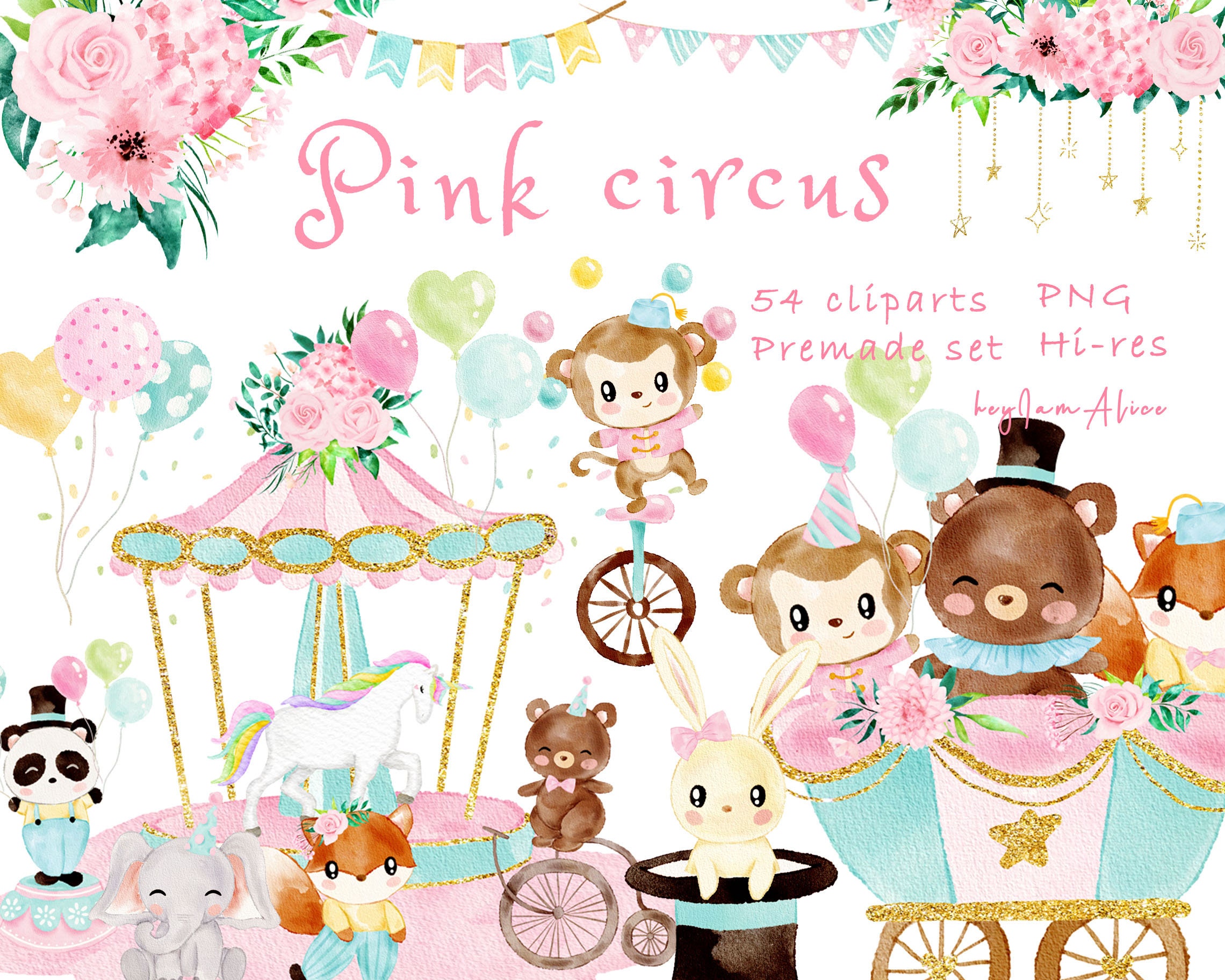 Circus Watercolor Clipart Pink Circus Graphics Baby Animal - Etsy