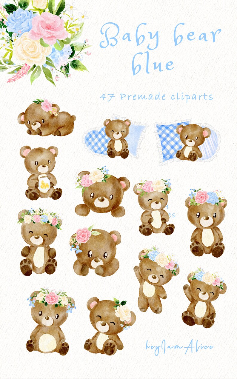 Baby Bear Clipart Blue Watercolor Teddy Bear PNG FREE - Etsy