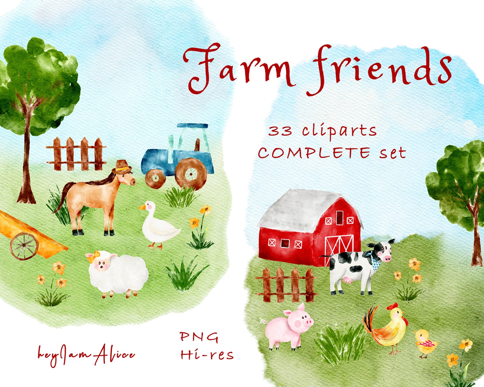 Farm Animals Watercolor Clipart Cute Farm Clipart FREE - Etsy