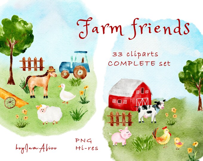Watercolor Farm Animal Clipart Bundle, Flower Cows PNG, Baby Animals ...