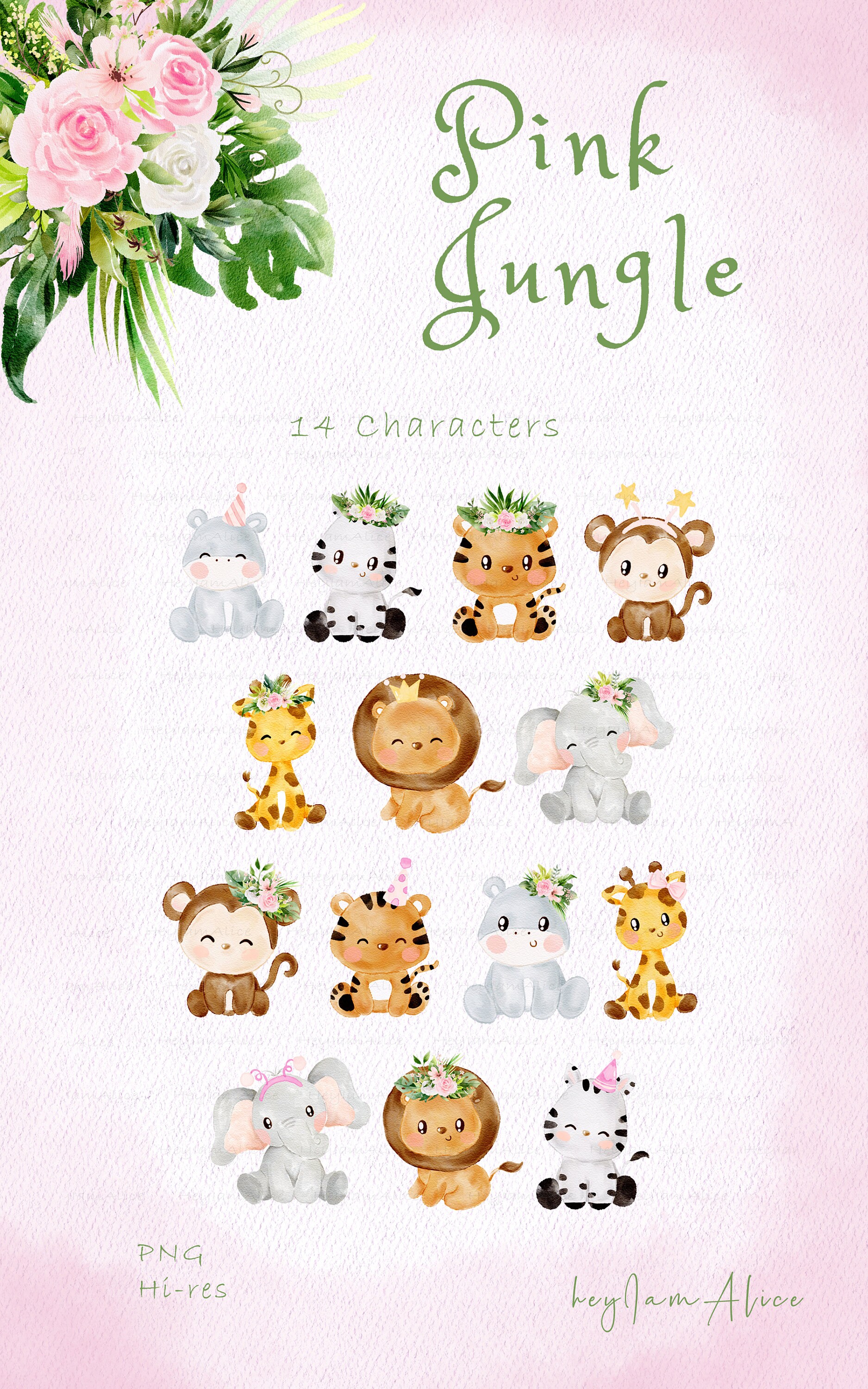Pink Jungle Watercolor Animal Clipart, Jungle Nursery, Jungle Baby ...