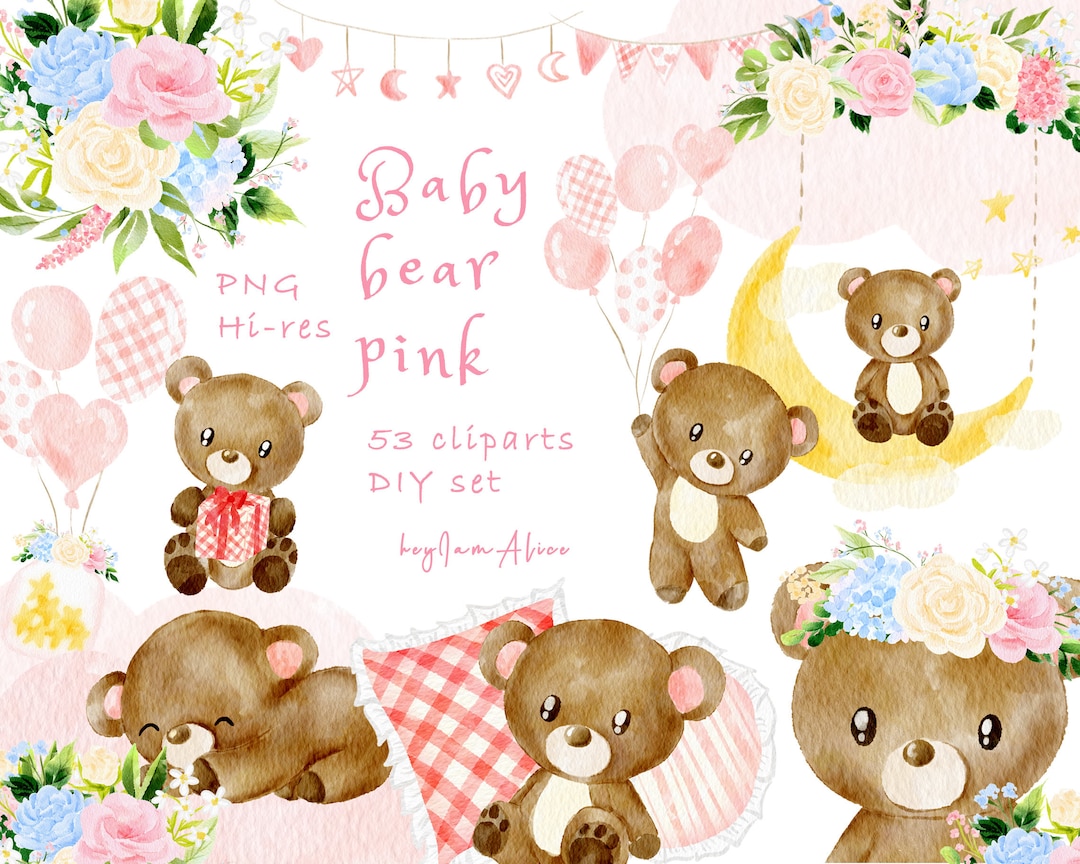 Baby Bear Clipart, Pink Watercolor Teddy Bear PNG, FREE COMMERCIAL Use ...