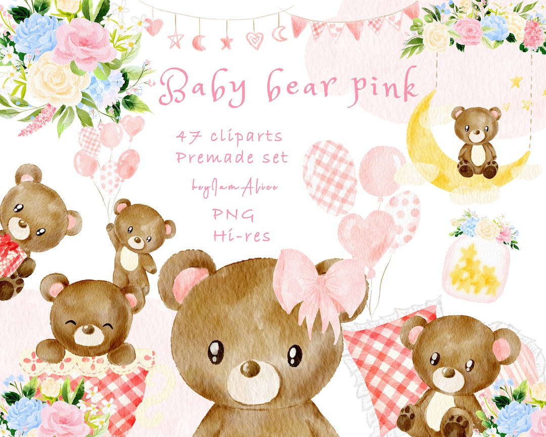 Baby Bear Clipart, Pink Watercolor Teddy Bear PNG, FREE COMMERCIAL Use ...
