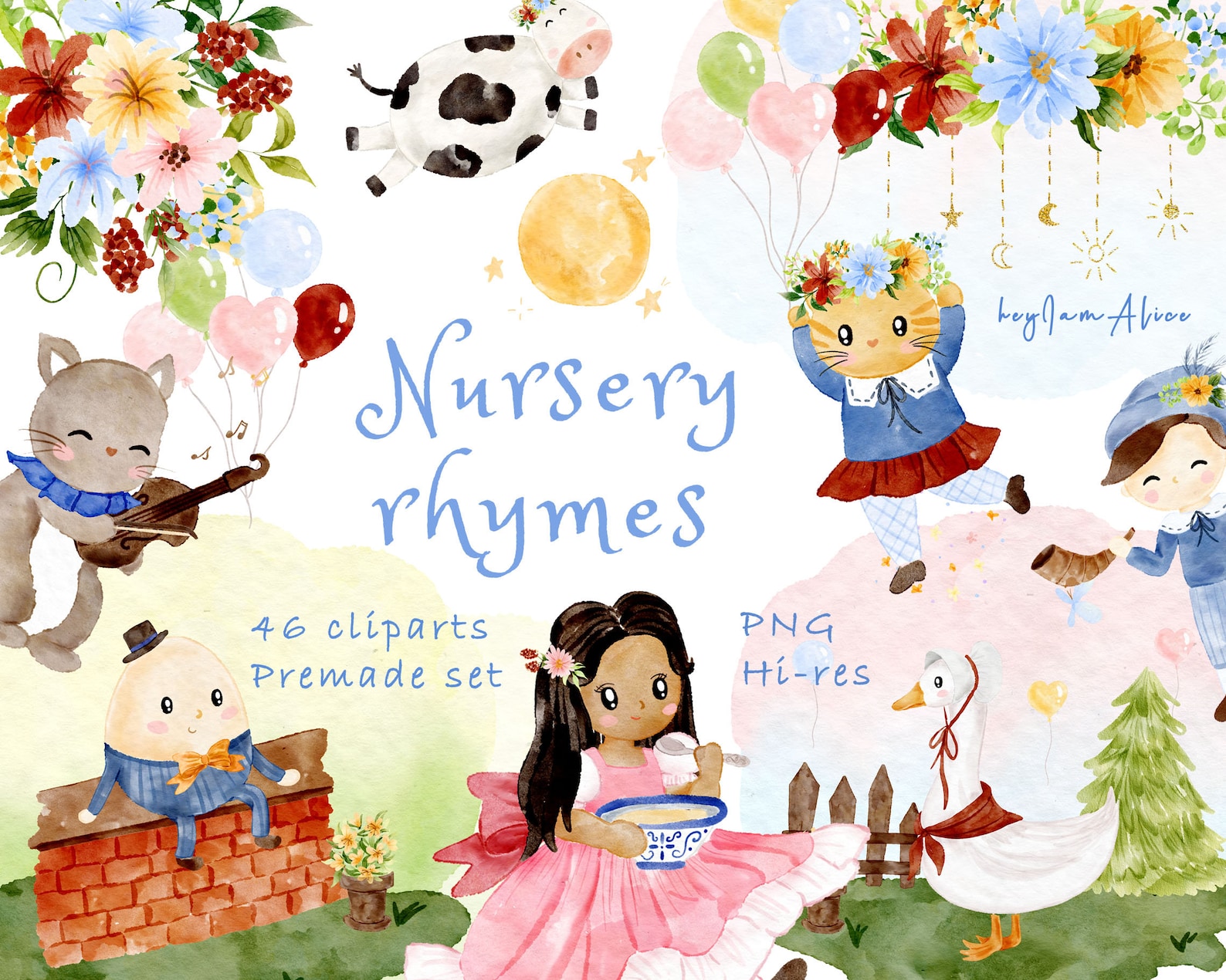 Nursery rhymes watercolor clipart mother goose PNG baby | Etsy