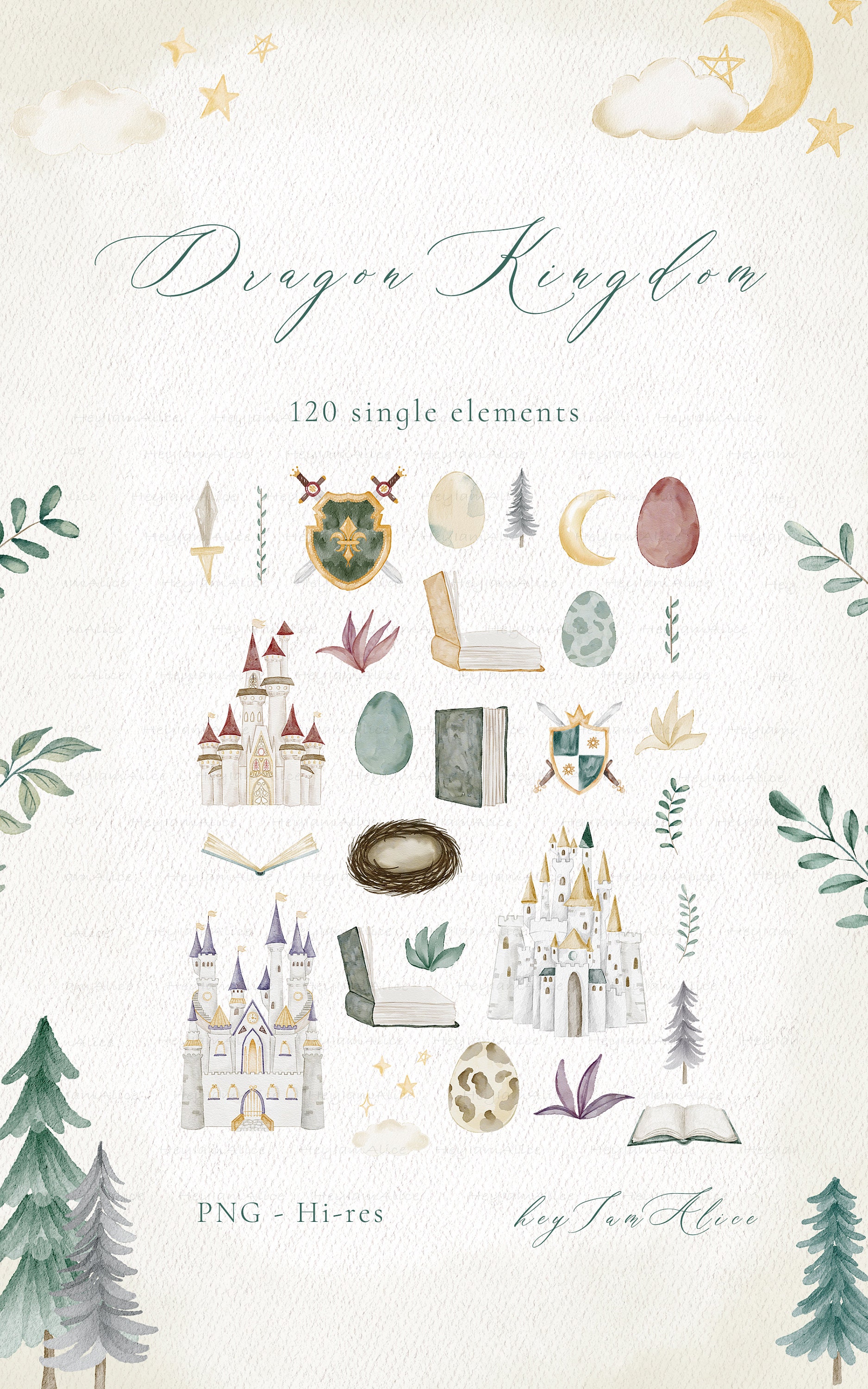 Dragon Watercolor Clipart Knight Digital Clipart Fairy Tale - Etsy