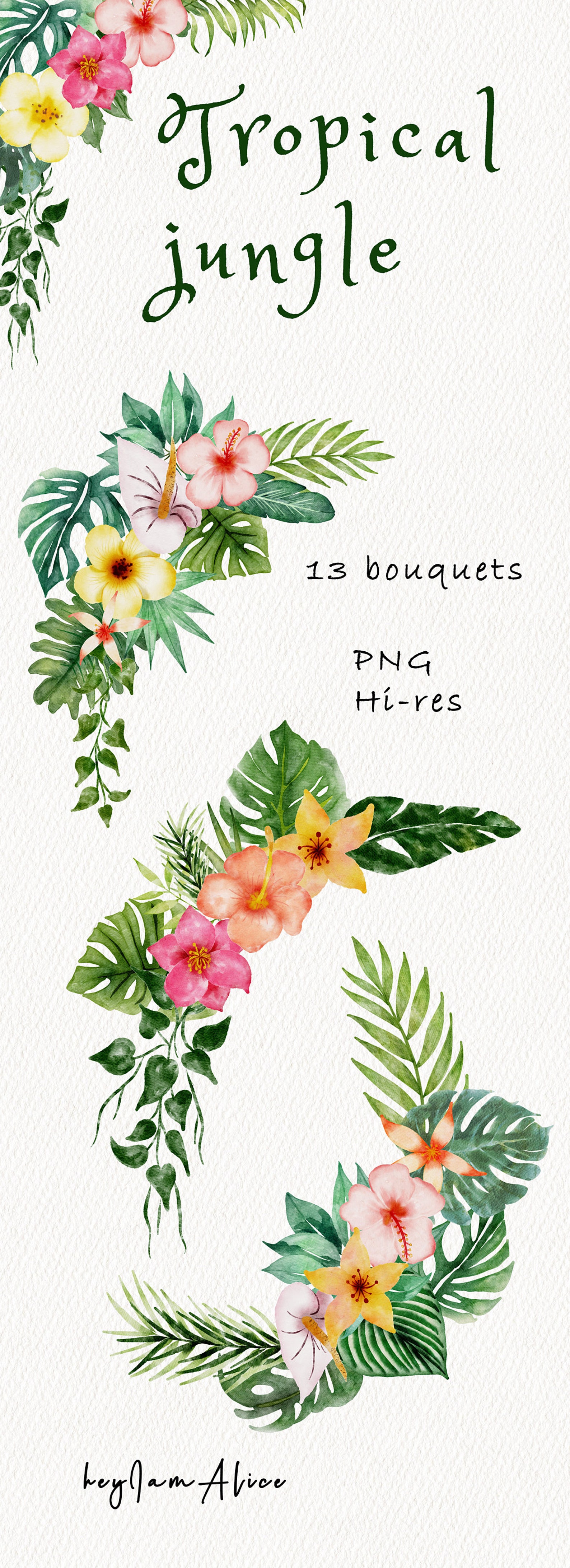 COMPLETE SET Tropical Jungle Flower Watercolor Clipart Free | Etsy