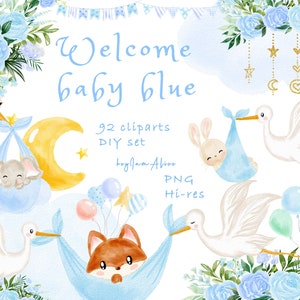 Welcome Baby Watercolor Clipart, Baby Animal, Nursery Blue, Gender ...