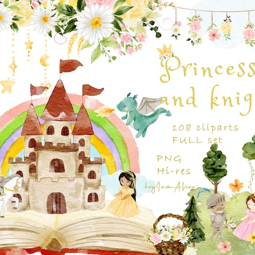 Princess and Knight Watercolor Clipart Fairy Tale Digital - Etsy