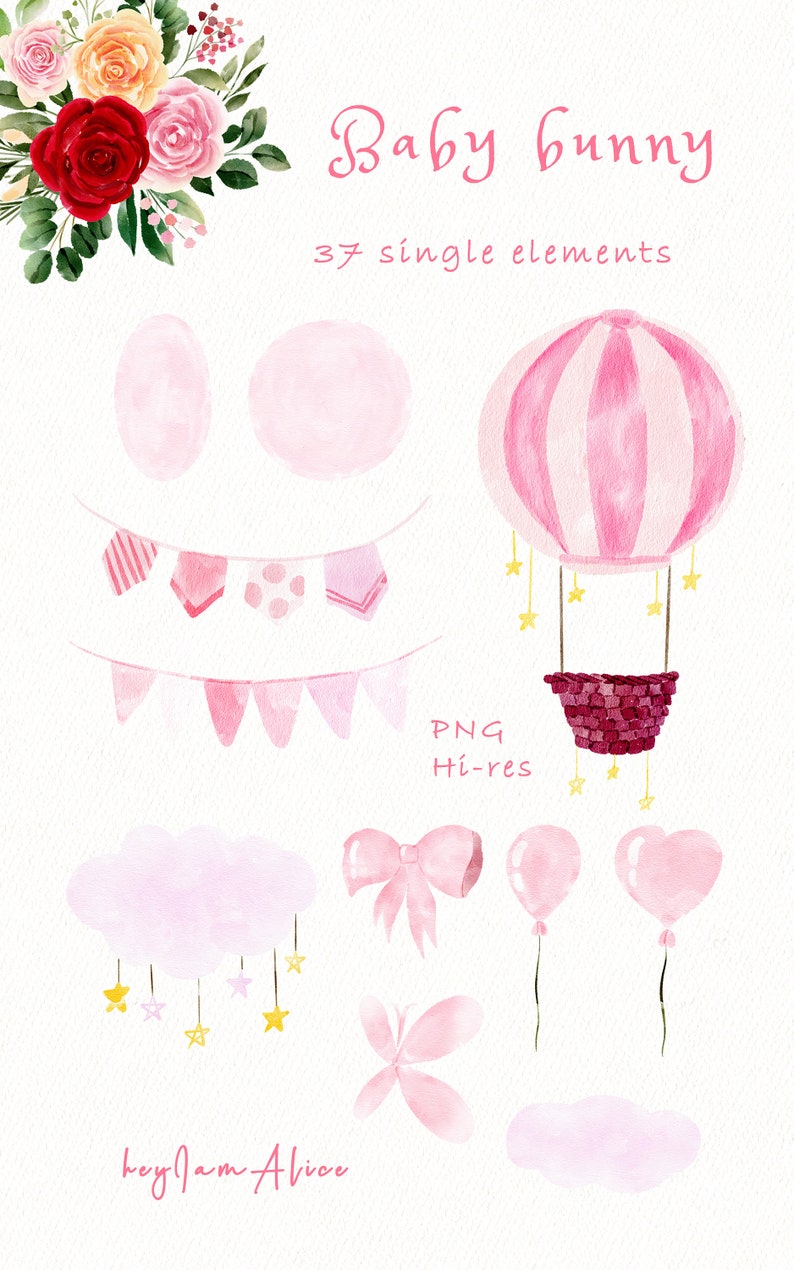 Baby Bunny Clipart Pink Watercolor Rabbit PNG FREE - Etsy