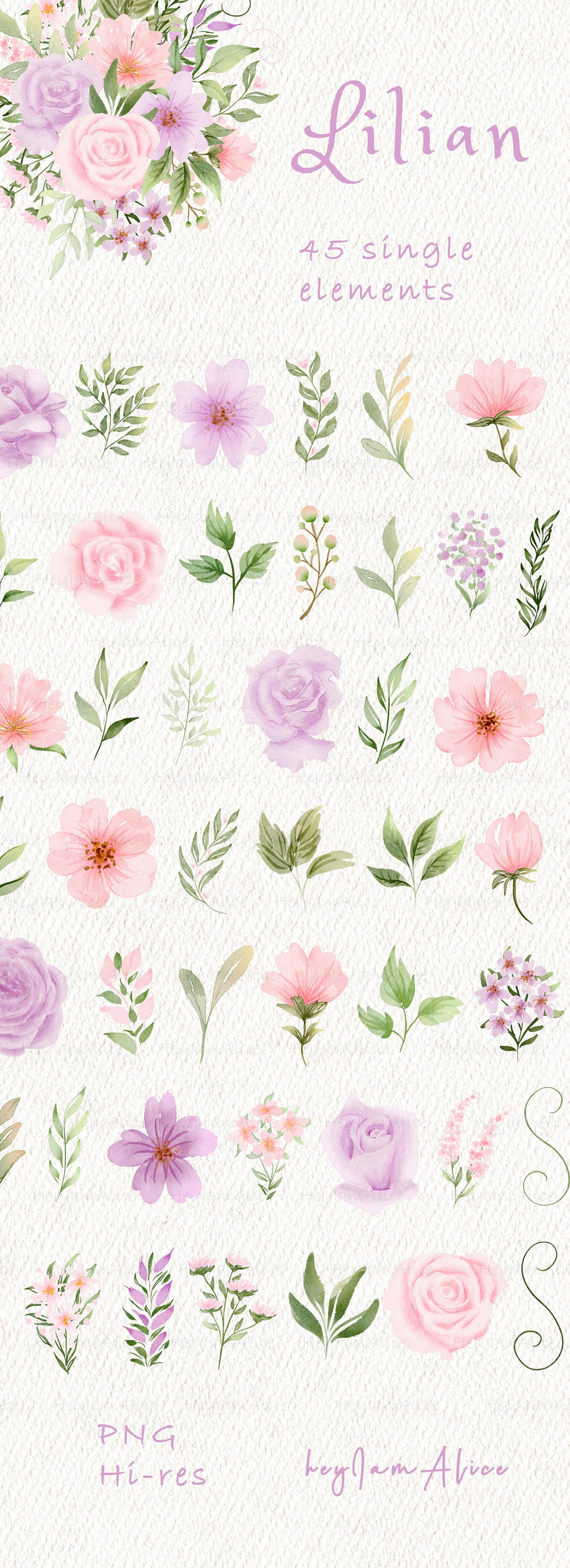 Pink Purple Flower Watercolor Clipart, Soft Pink Floral PNG, Wedding ...