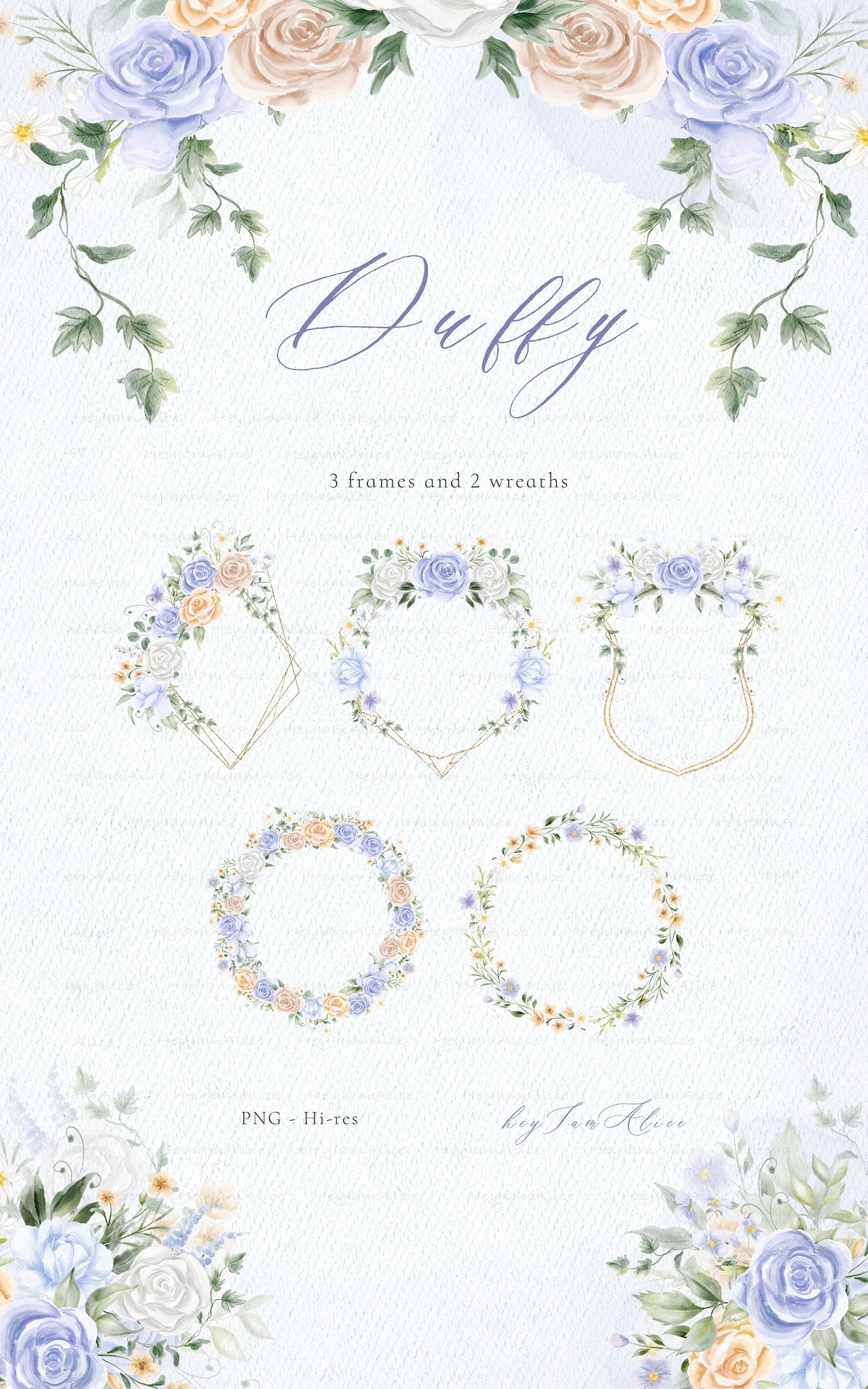 Blue Floral Watercolor Clipart Muted Blue Flower Greenery - Etsy