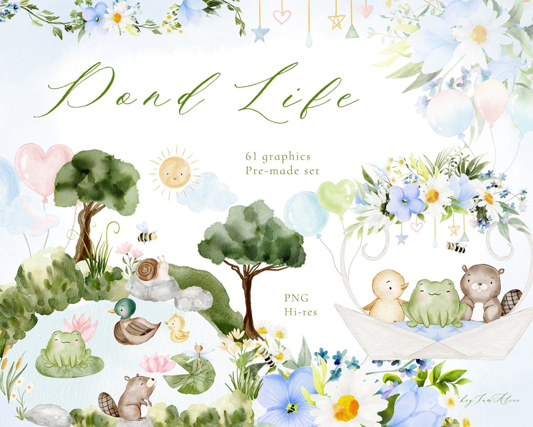 Pond Life Clipart, Frog PNG Graphic, Frog Princess PNG, Duck Pond Baby ...