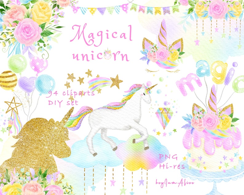 Unicorn Watercolor Clipart Rainbow Clipart Magical Unicorn - Etsy