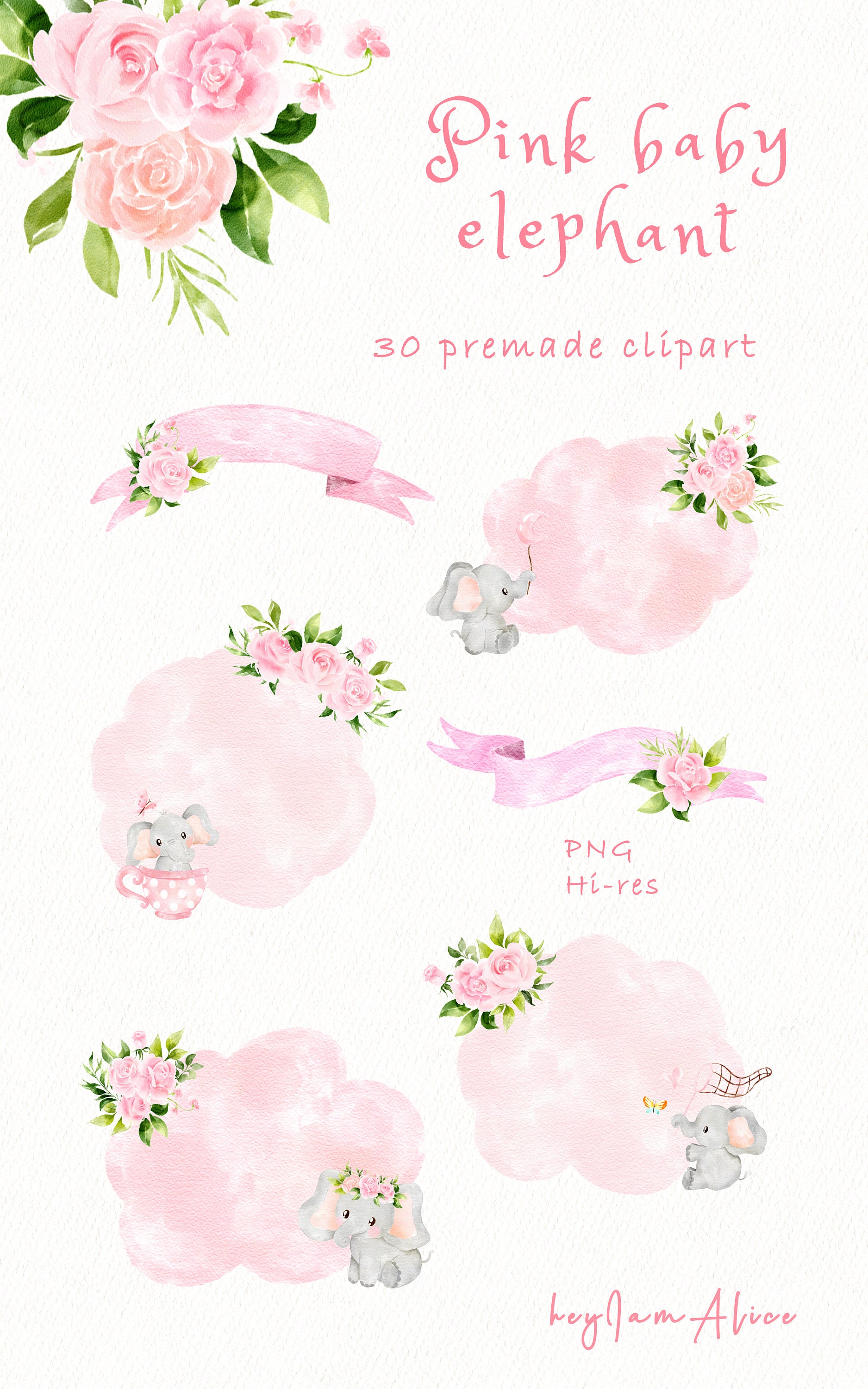 Baby Elephant Clipart Pink Watercolor Elephant PNG FREE | Etsy