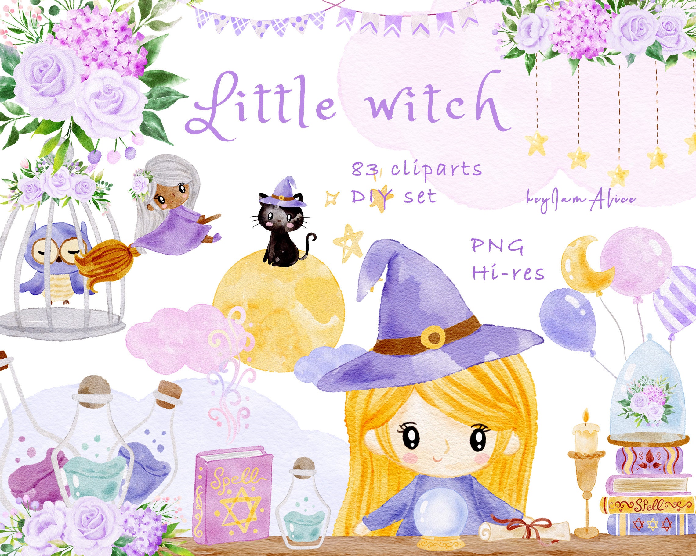 Witch Clipart, Halloween Digital PNG, Witch and Wizard, Magical School ...