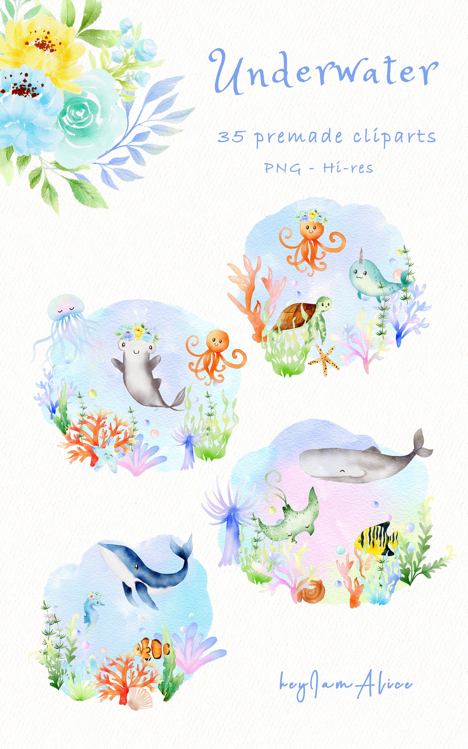 Underwater Clipart Watercolor Sea Animal Clipart FREE | Etsy
