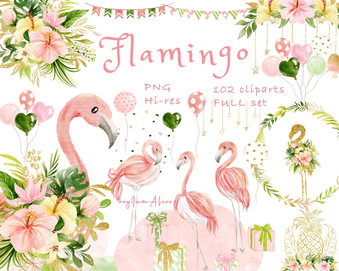 Tropical Flamingo Watercolor Clipart, Pink Flamingo PNG, Summer Party ...