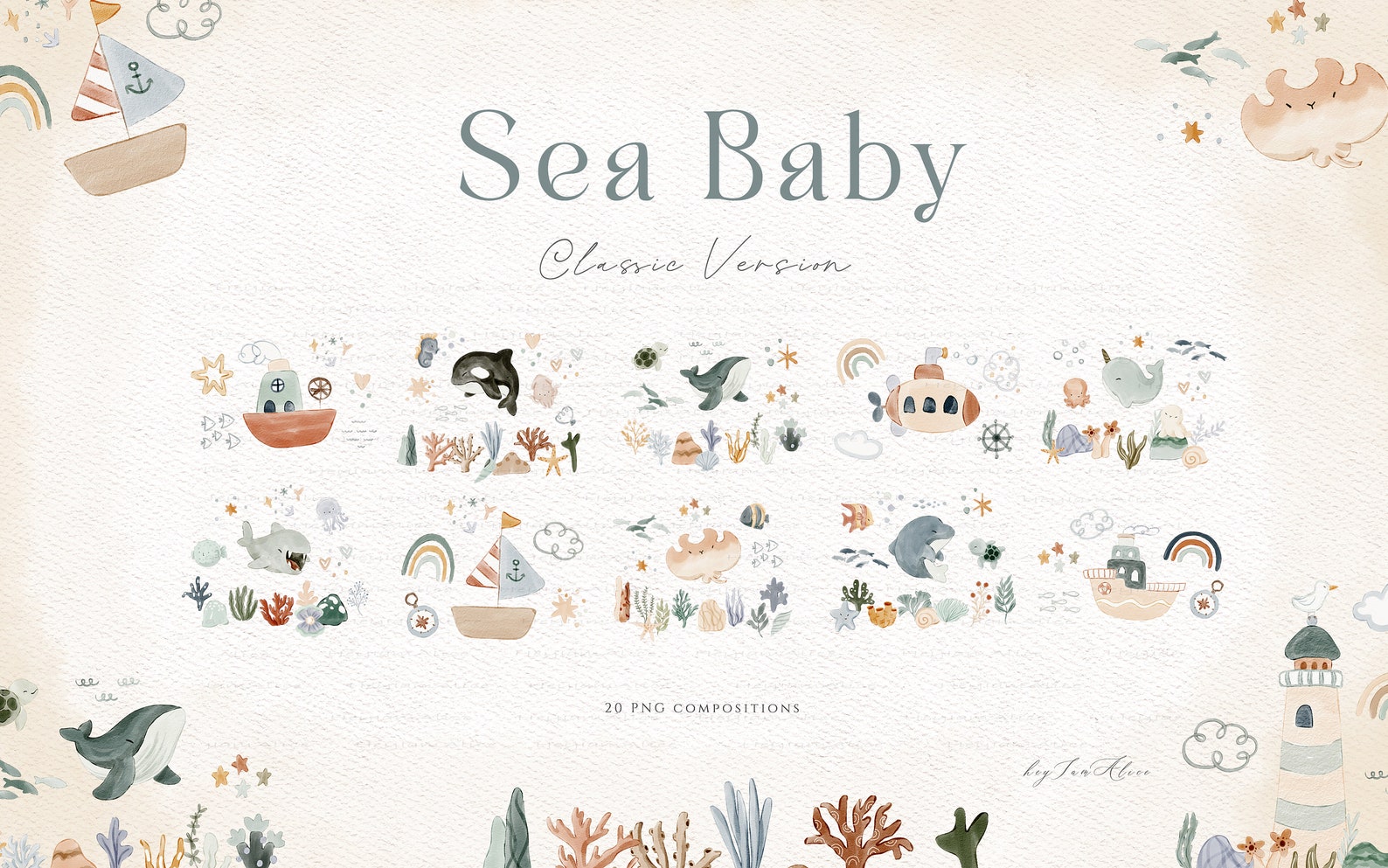 Sea Baby Clipart, Watercolor Ocean Graphic, Boho Nursery Clipart ...