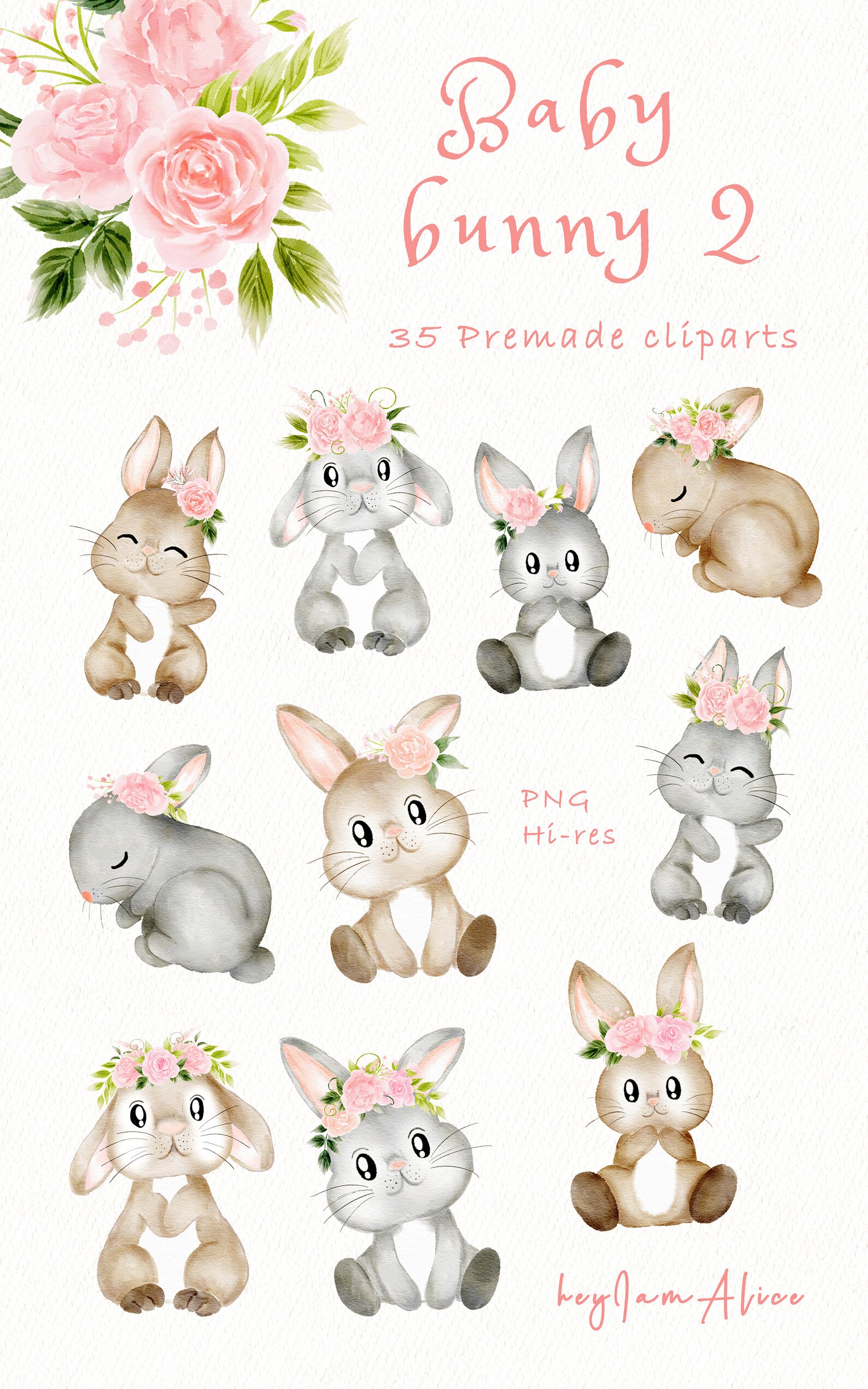 Baby Bunny Clipart Pink Watercolor Rabbit PNG FREE - Etsy
