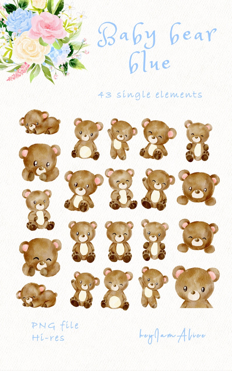 Baby Bear Clipart, Blue Watercolor Teddy Bear PNG, FREE COMMERCIAL Use ...