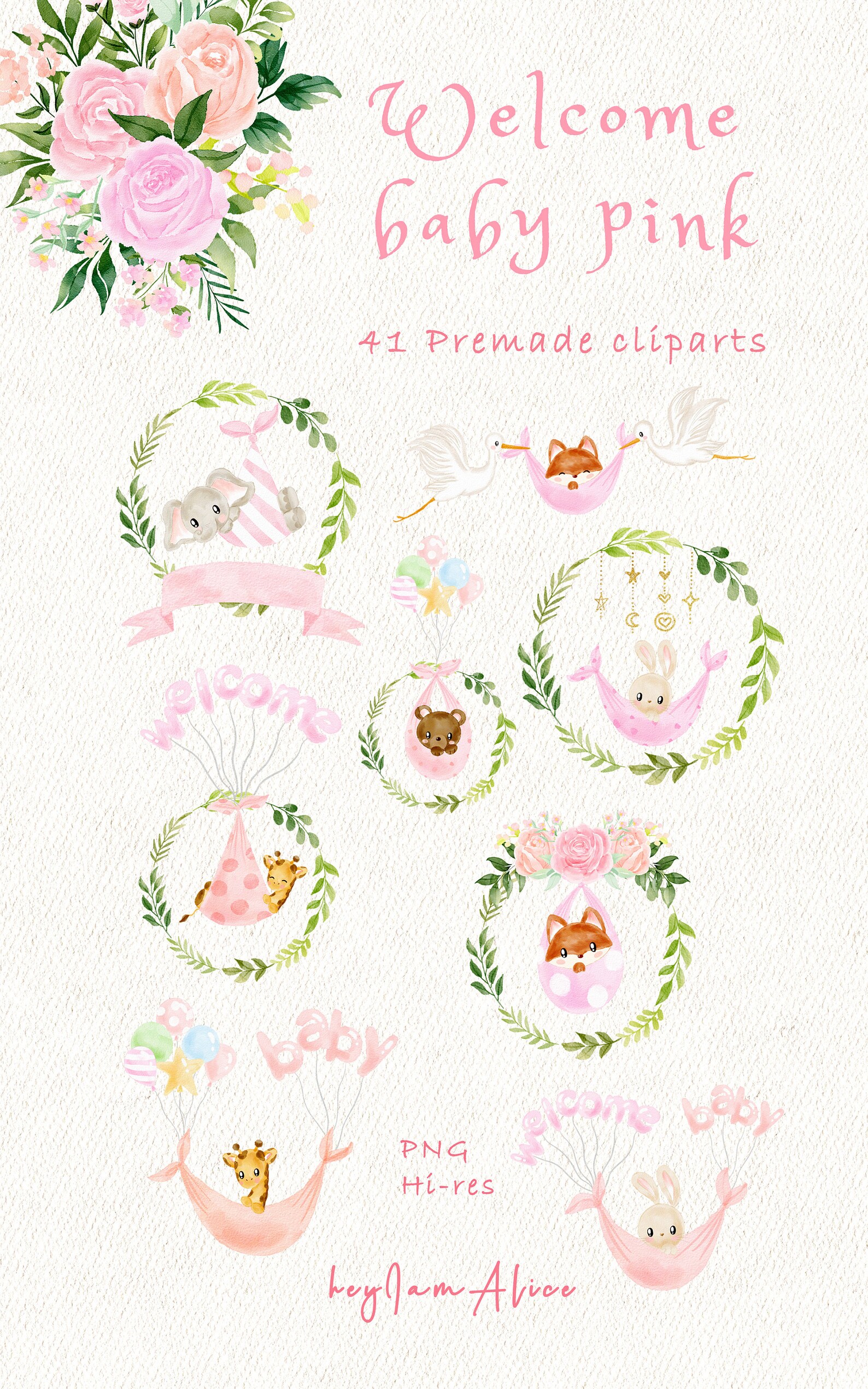 Welcome Baby Watercolor Clipart Baby Animal Nursery Pink - Etsy