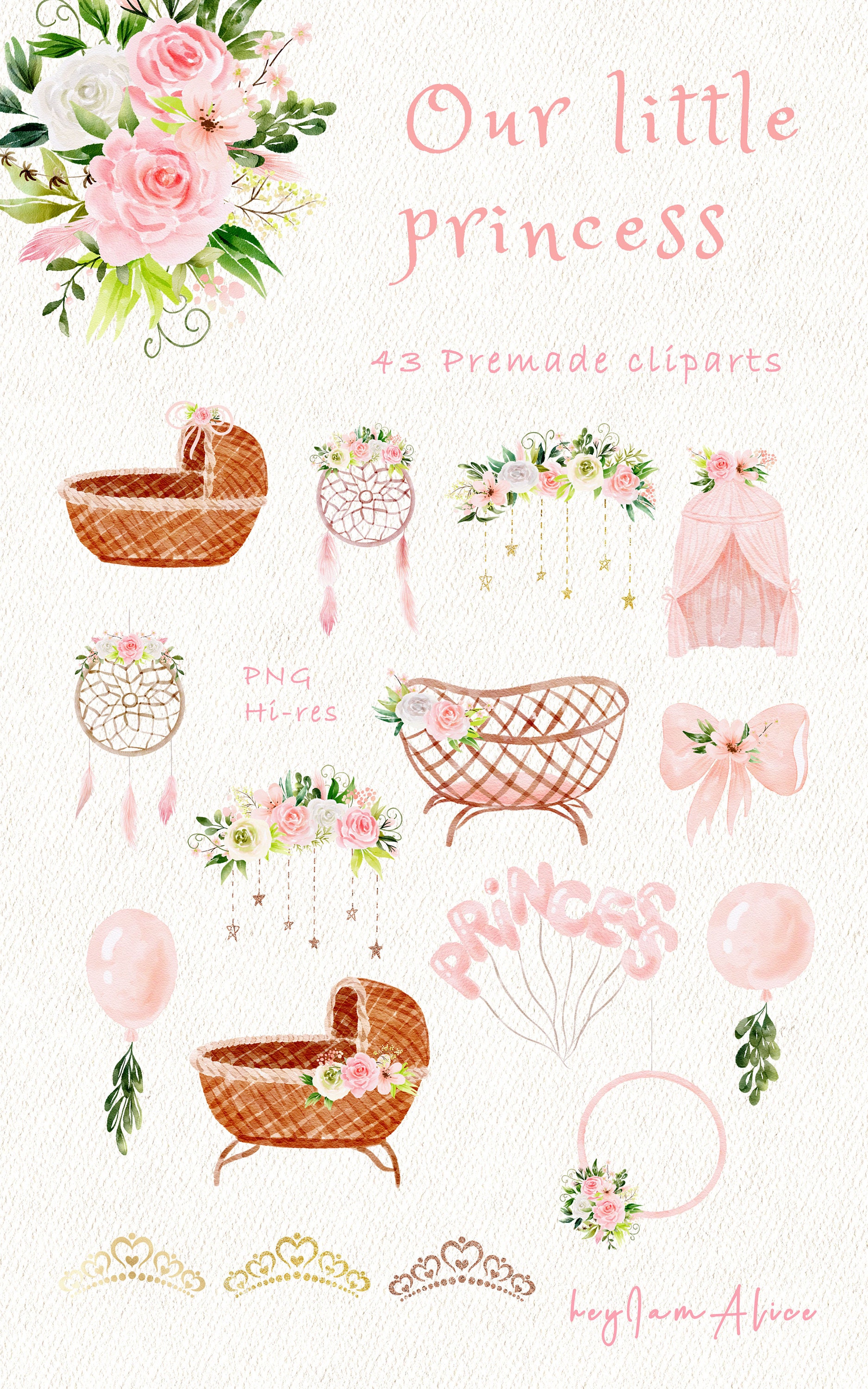 Baby girl watercolor clipart little princess clipart nursery | Etsy