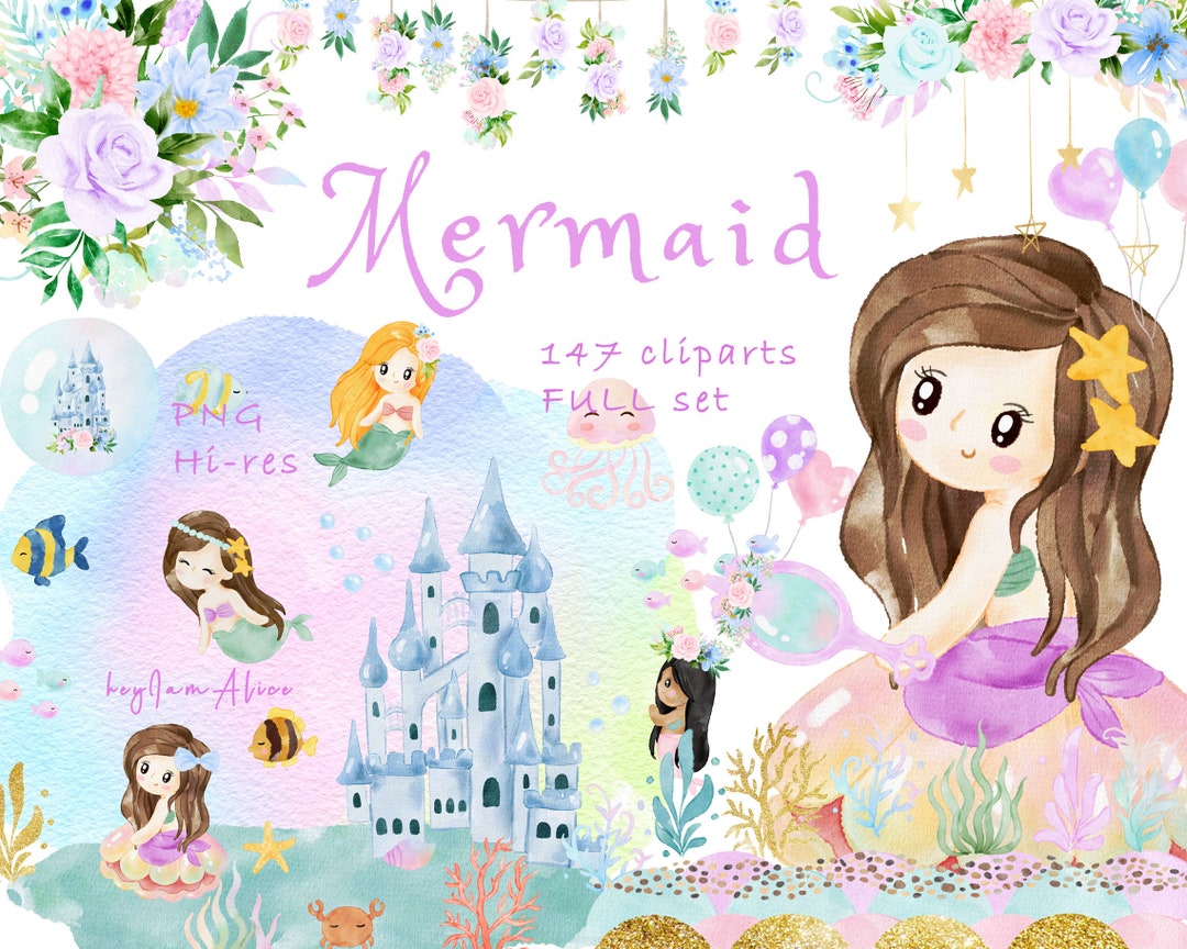 Mermaid Clipart, Little Mermaid Watercolor Graphic, Nursery Clipart ...