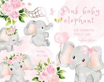 Baby Elephant Clipart Pink Watercolor Elephant PNG FREE | Etsy