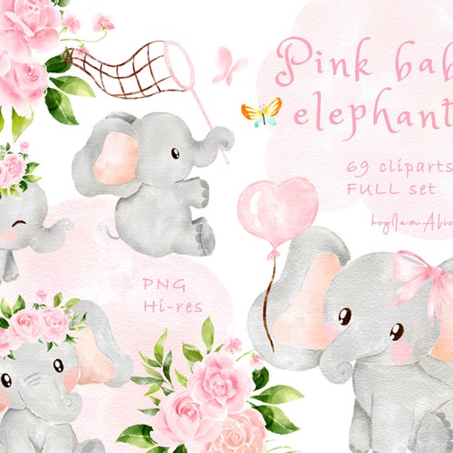 Baby Elephant Clipart Pink Watercolor Elephant PNG FREE - Etsy