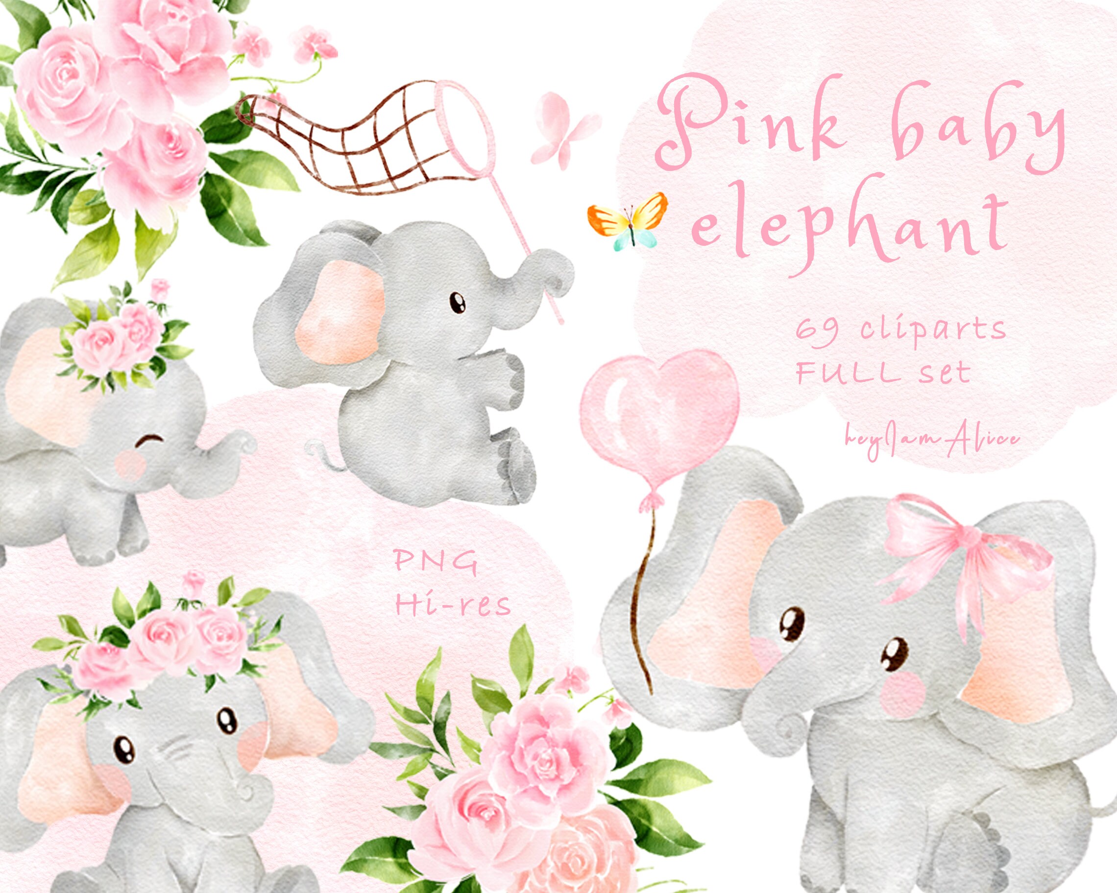 Baby Elephant Clipart Pink Watercolor Elephant PNG FREE - Etsy