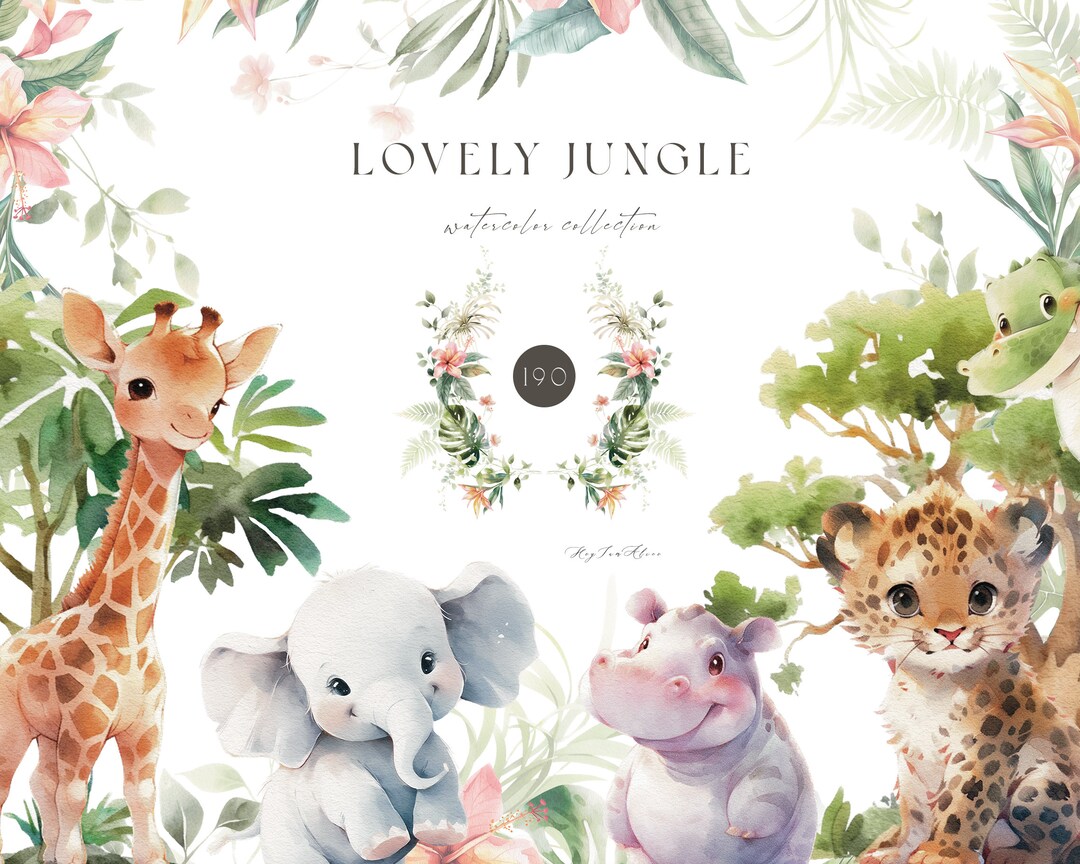 Jungle Watercolor Animal Clipart, Jungle Nursery, Jungle Baby Shower ...