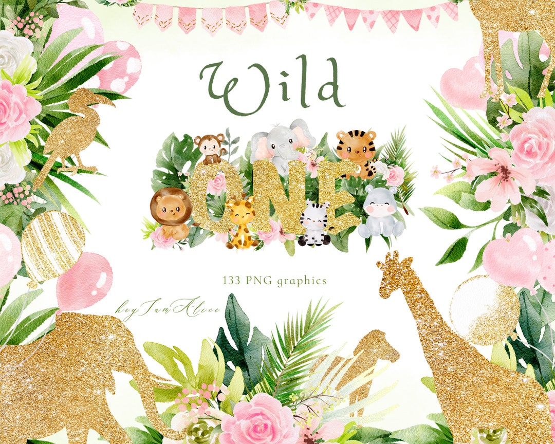 Pink Jungle Watercolor Animal Clipart, Wild One PNG, Jungle Nursery ...