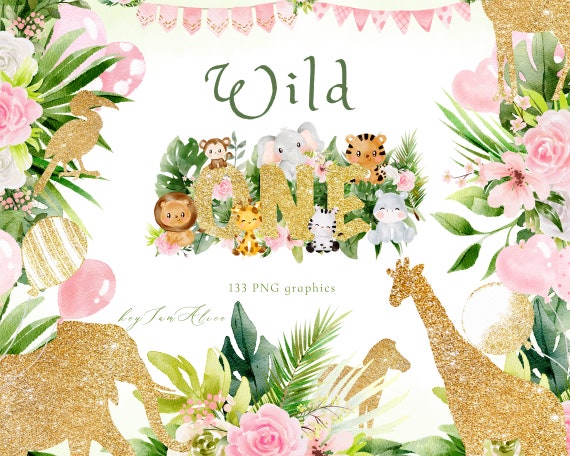 Pink Jungle Watercolor Animal Clipart Wild One PNG Jungle - Etsy