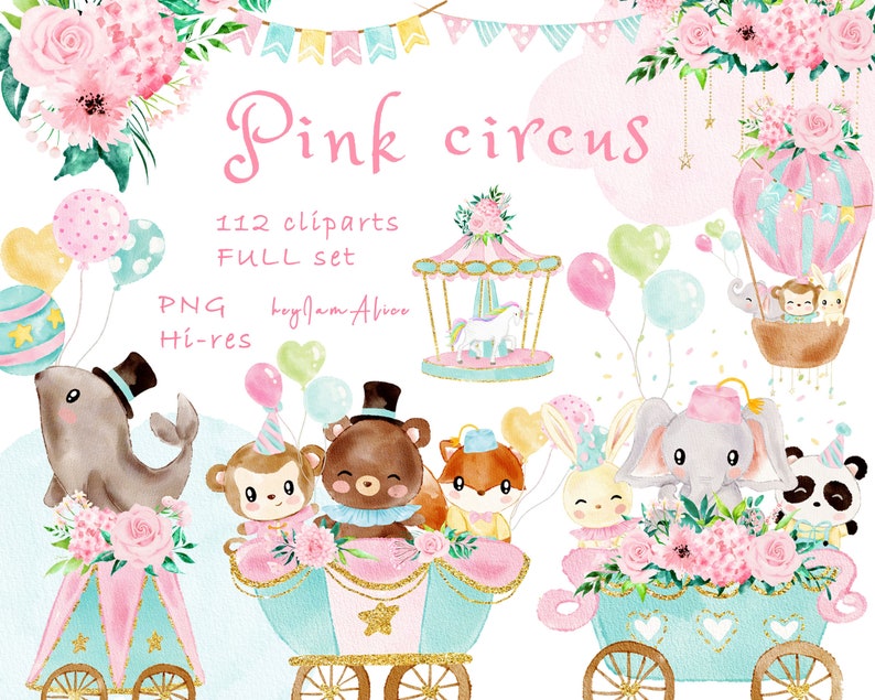 Circus Watercolor Clipart, Pink Circus Graphics, Baby Animal Graphics ...