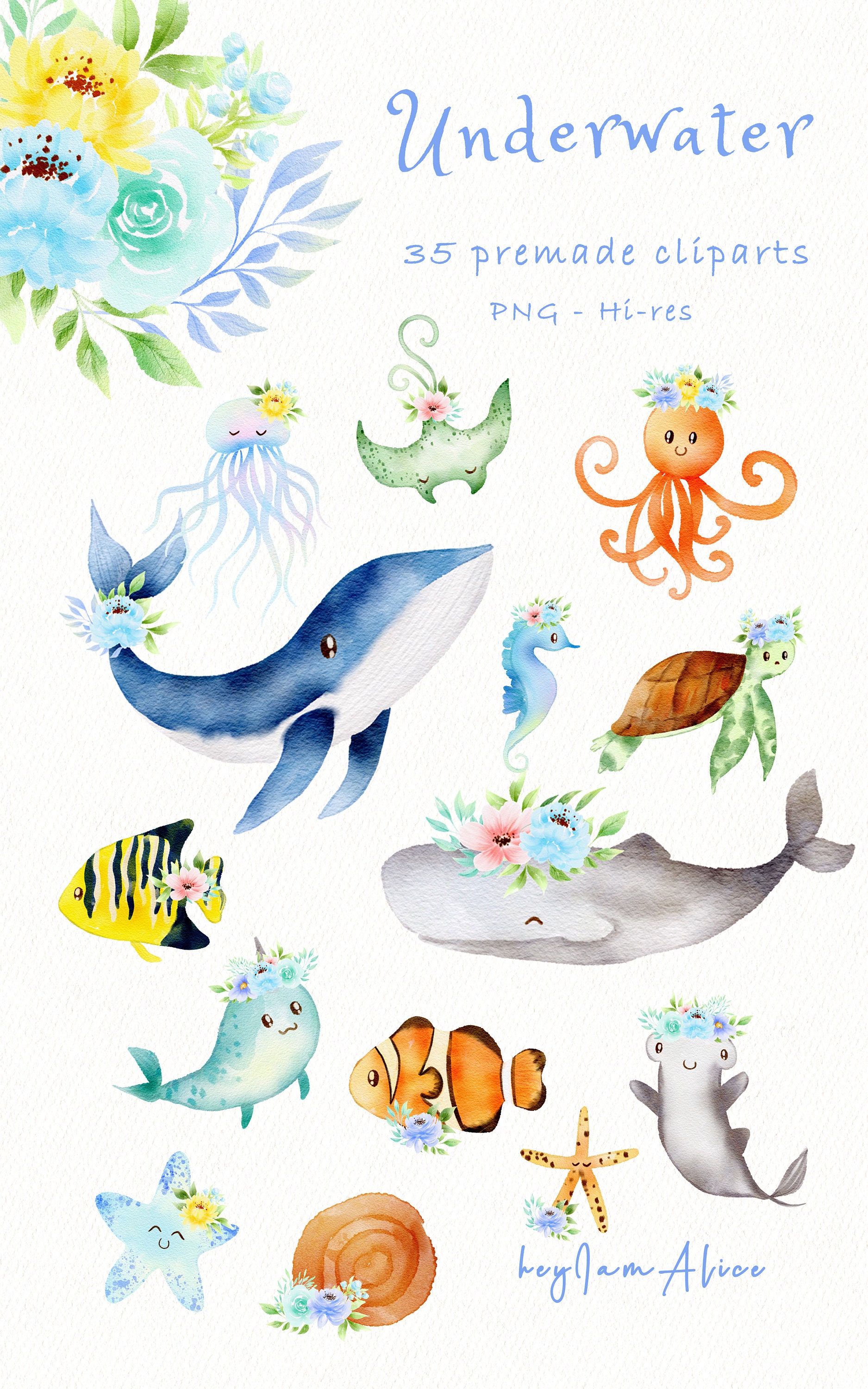 Underwater Clipart, Watercolor Sea Animal Clipart, FREE COMMERCIAL Use ...