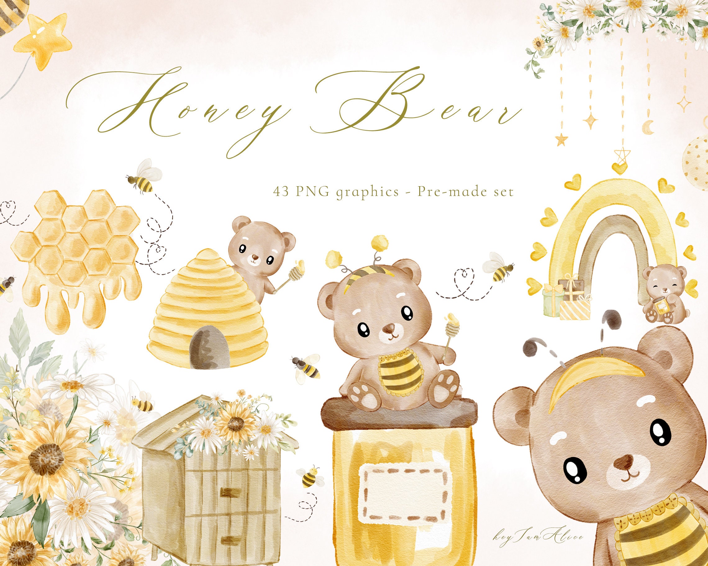 Bee and Honey Watercolor Clipart, Honey Bear Graphic PNG, Little Animal ...
