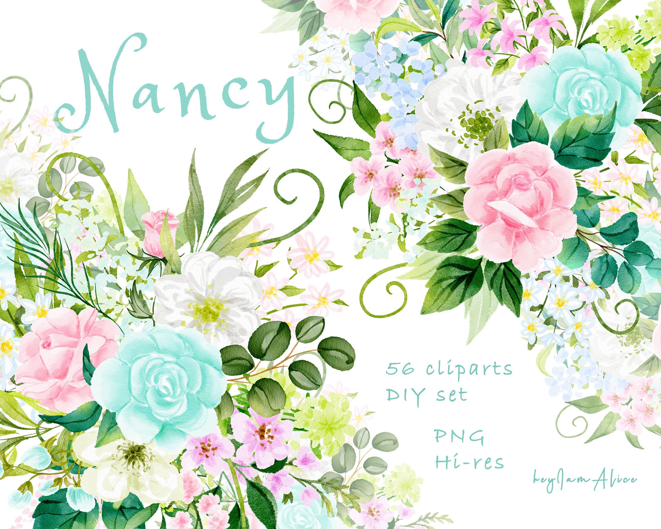 Pink Mint Floral Watercolor Clipart, FREE COMMERCIAL Use, Greenery ...