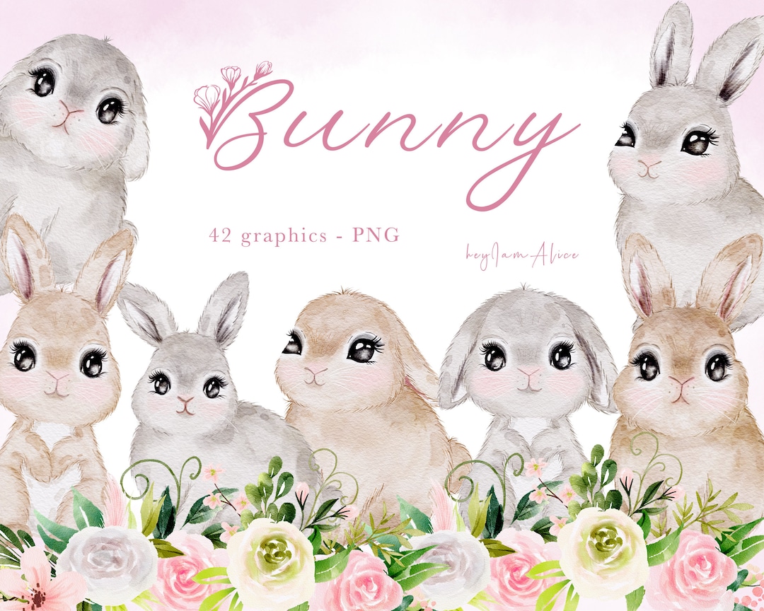 Baby Bunny Clipart, Pink Watercolor Rabbit PNG, Woodland Animal Clipart ...